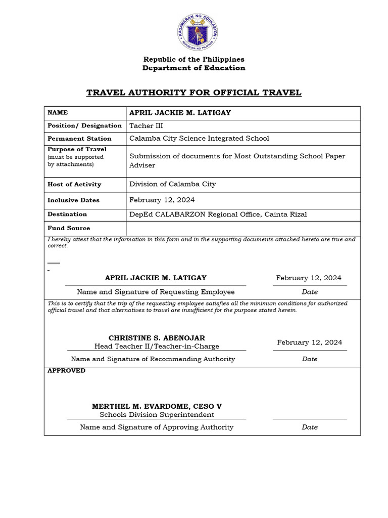 Annex A Travel Authority For Official Travel STANDARD FORMAT Sir ...
