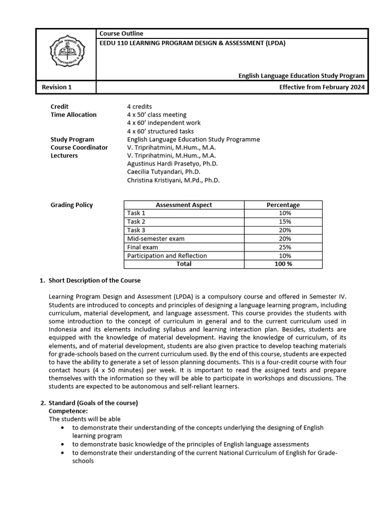 LPDA Course Outline 2024 | PDF | Curriculum | Educational Assessment