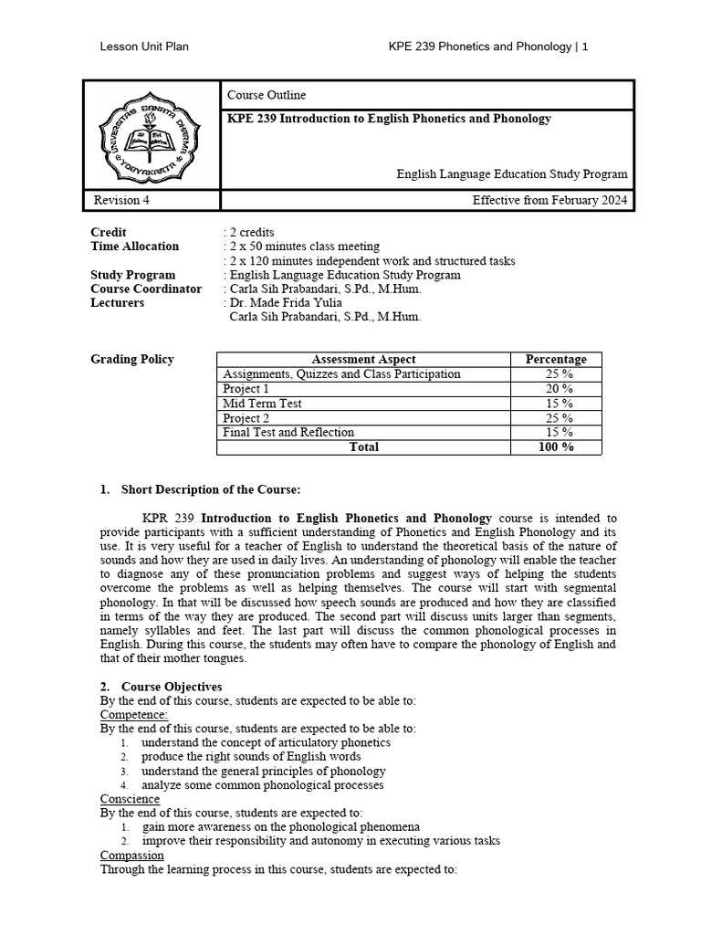 Course Outline Intro To EPP Revised Feb 2024 Monday | PDF | Phonology | Phonetics