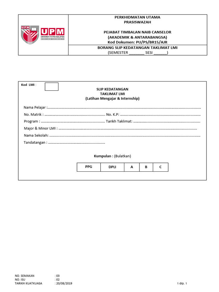 Borang Slip Kehadiran Taklimat Lmi | PDF