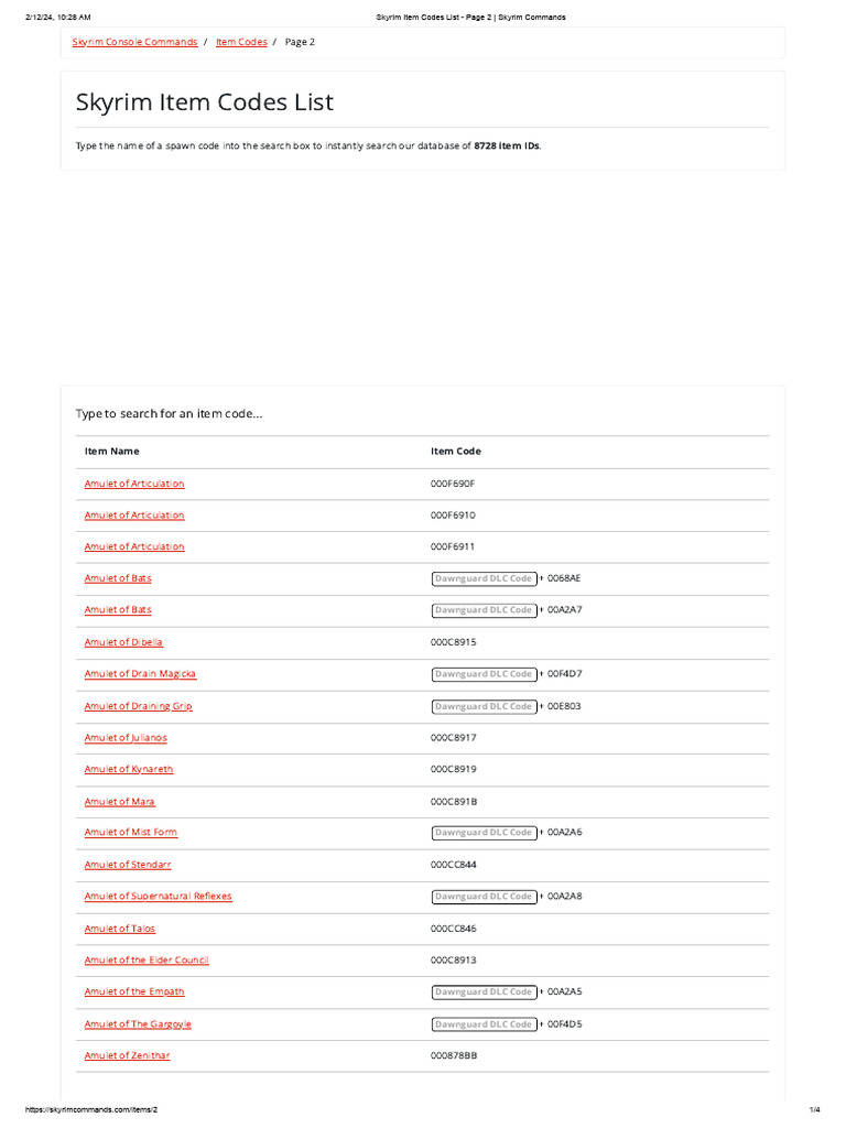 Skyrim Item Codes List - Page 2 - Skyrim Commands | PDF