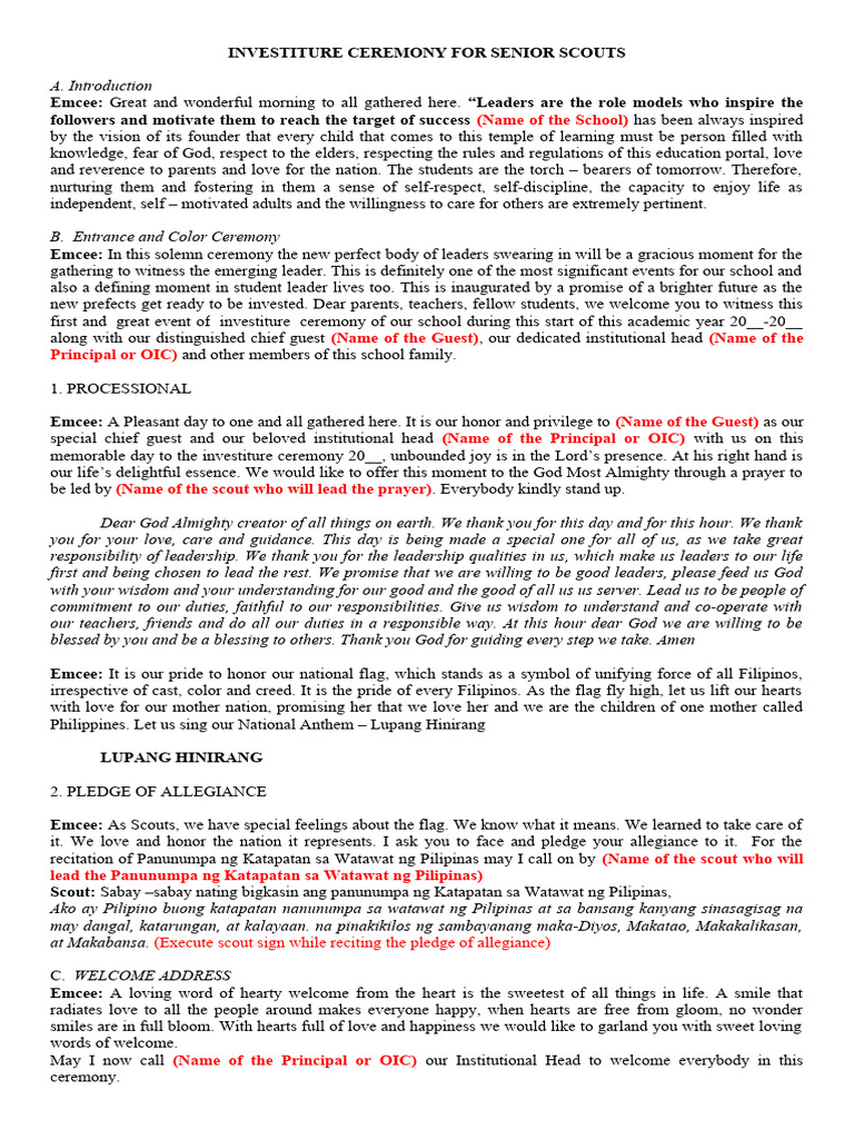 Senior Scout Investiture Ceremony Script | PDF | Scouting | God