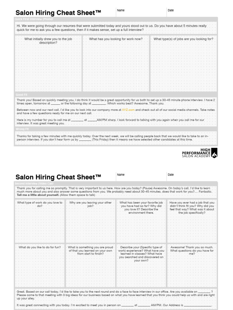 Salon Hiring Cheat Sheet | PDF | Job Interview