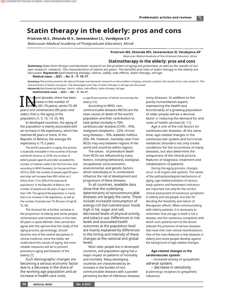 Statin Therapy in The Elderly: Pros and Cons: Belarusian Medical ...