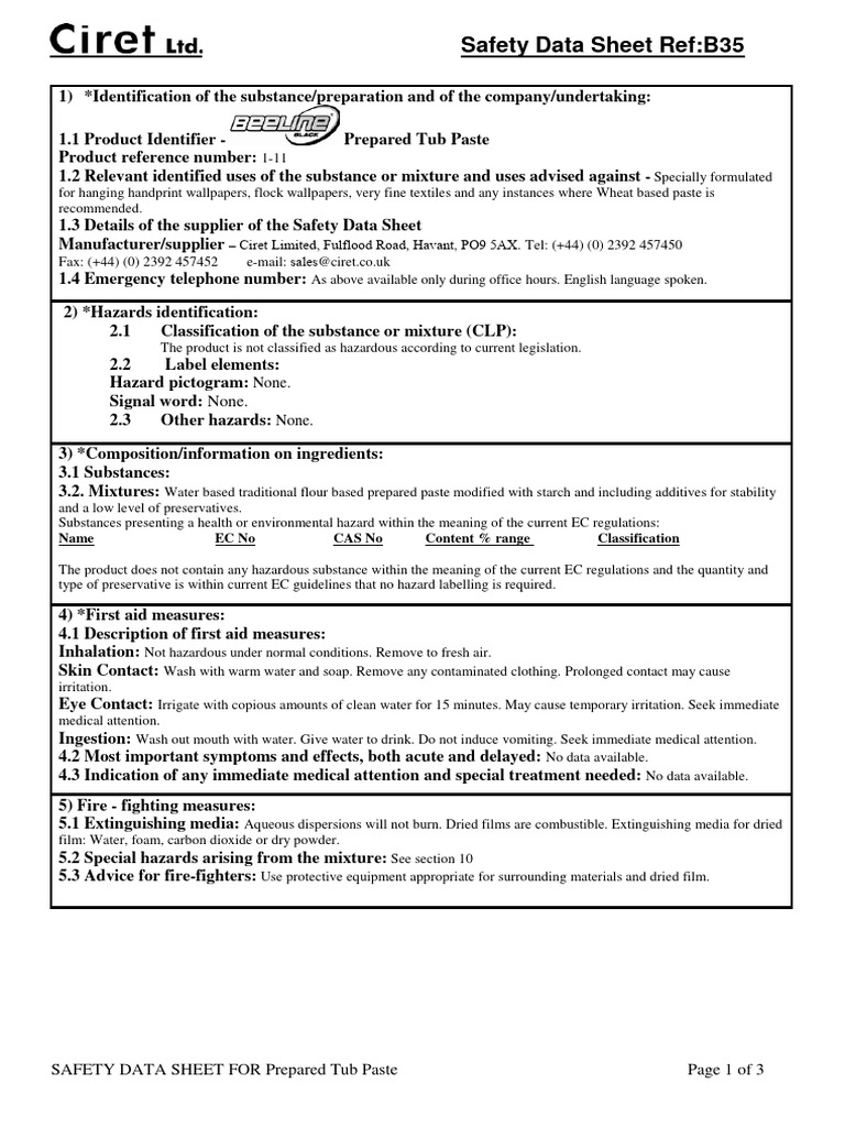 Prepared Tub Paste Safety Data Sheet | PDF | Toxicity | Environmental ...