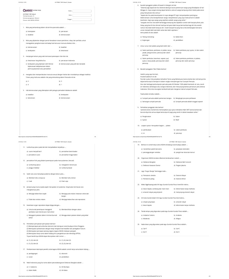 UH TEMA 7 SB1 Kelas 6 - Quizizz | PDF