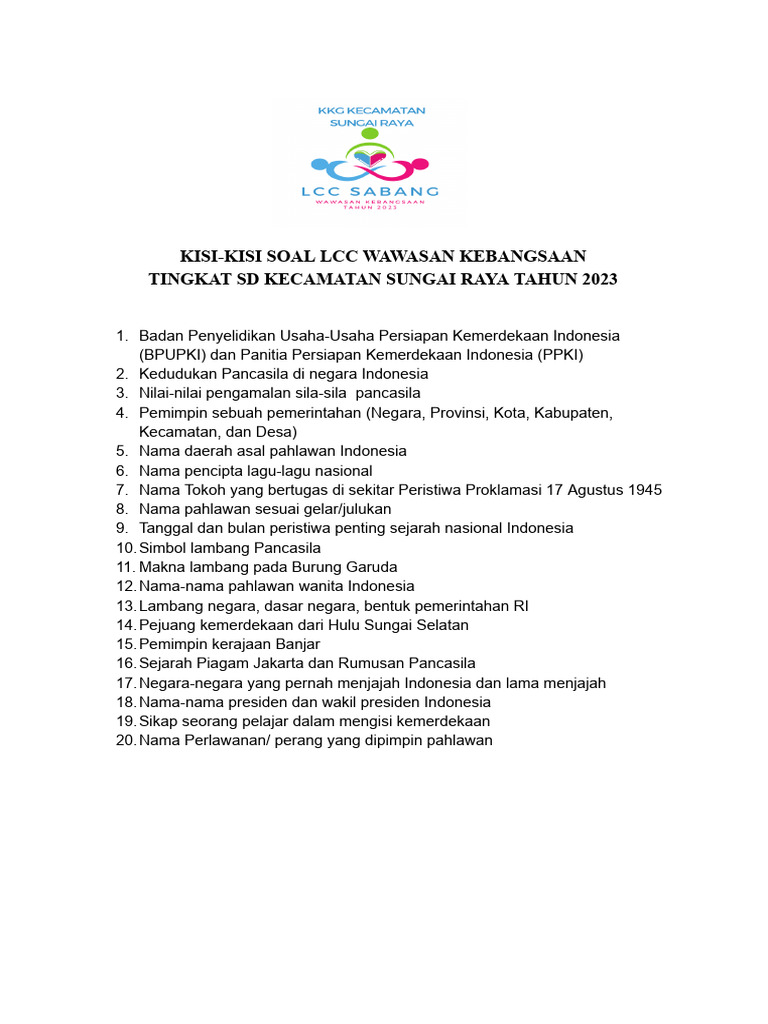 Kisi-Kisi LCC Wawasan Kebangsaan SD 2023 | PDF