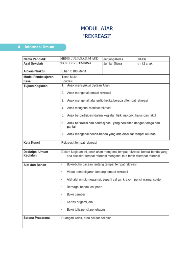 Modul Ajar PAUD - Modul Ajar - REKREASI - Fase Fondasi | PDF