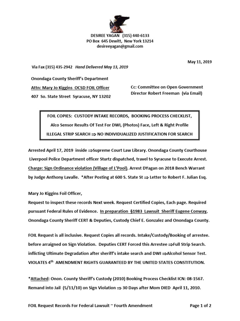 Desiree Yagan To Onondaga County Sheriff Dept. FOIL Request Re Arrest ...