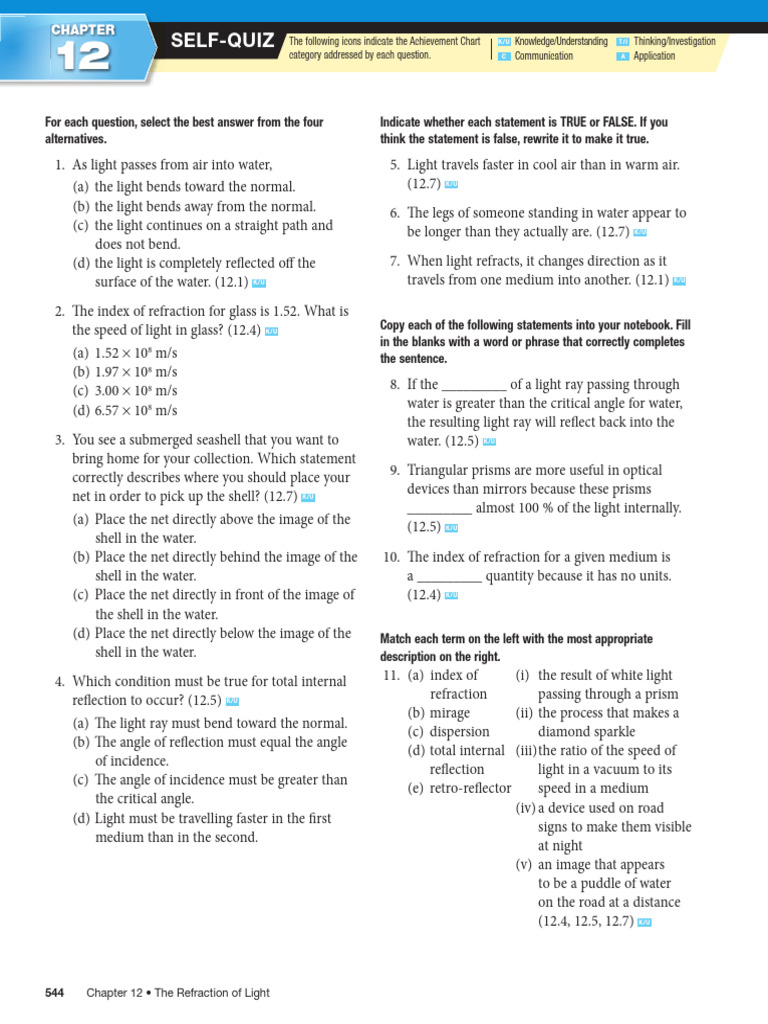 Chapter 12 Self-Quiz | PDF | Refraction | Light