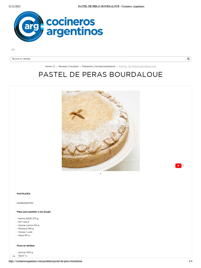Receta de Pastel de Peras Bourdaloue | PDF | Pasteles | Preparación de ...