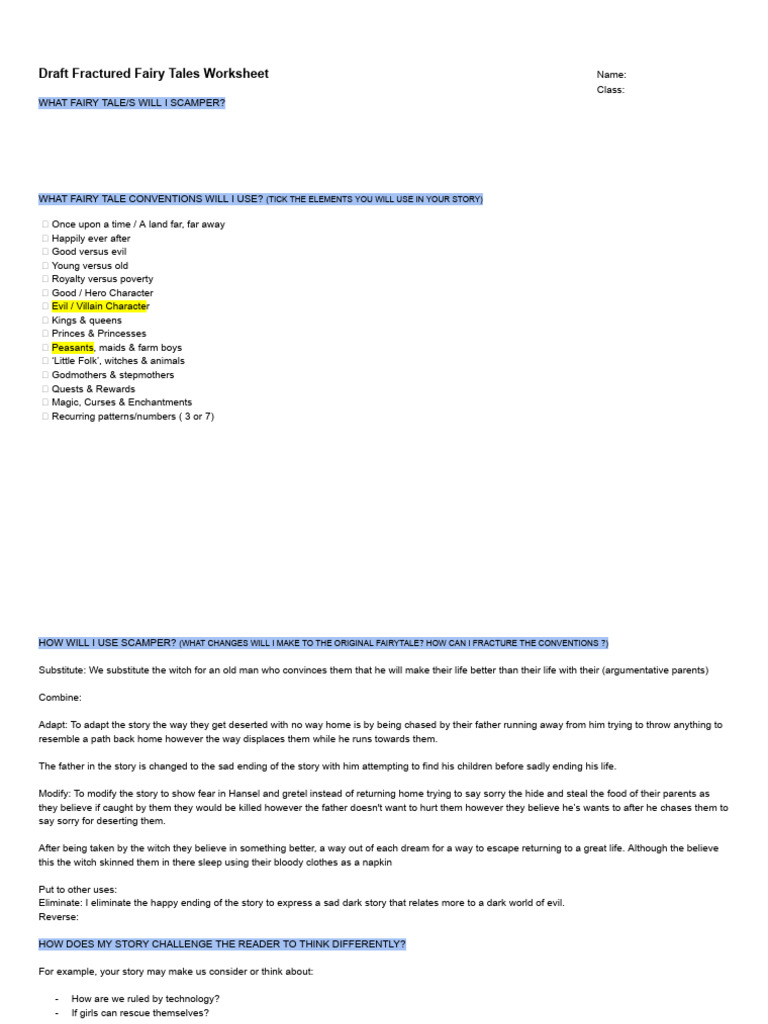 Fractured Fairy Tales Worksheet | PDF | Fairy Tales | Hansel And Gretel ...