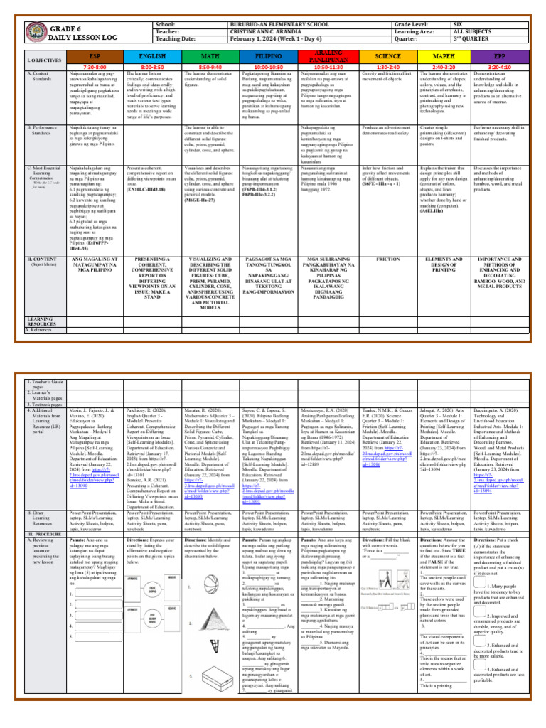 Grade 6 DLP Q3 W1D4 | PDF | Learning