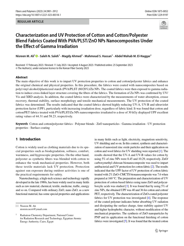Characterization and UV Protection of Cotton and Cotton:Polyester Blend Fabrics Coated With PVA ...