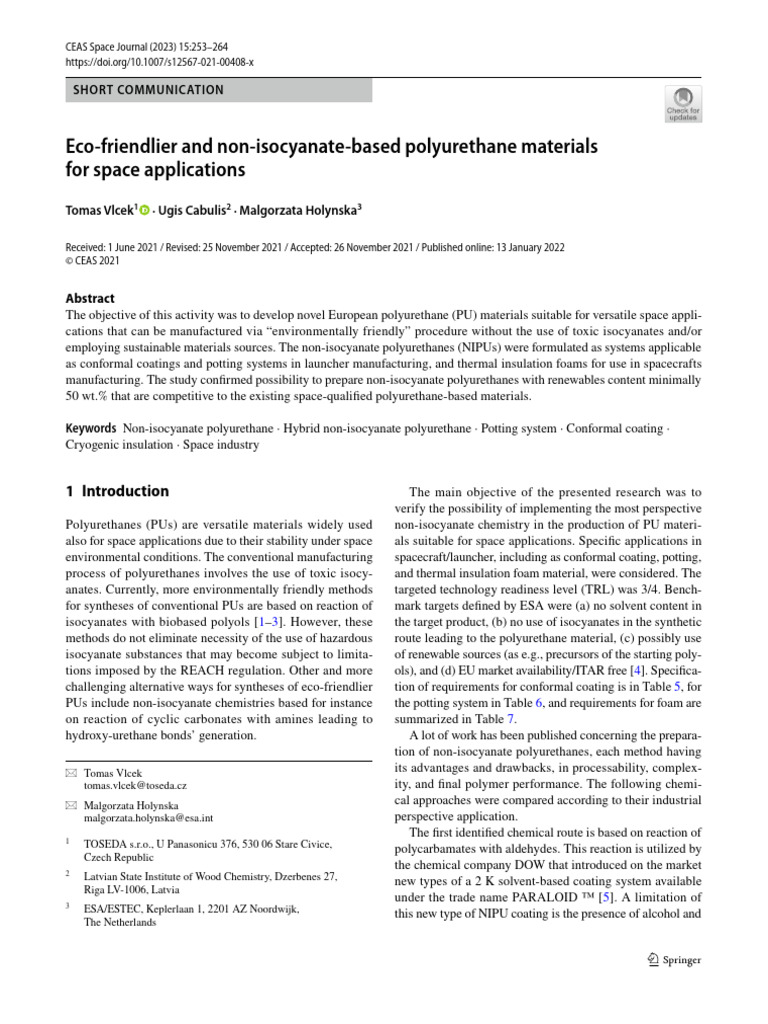 2023 Eco Friendlier and Non Isocyanate Based Polyurethane Materials For Space Applications | PDF ...