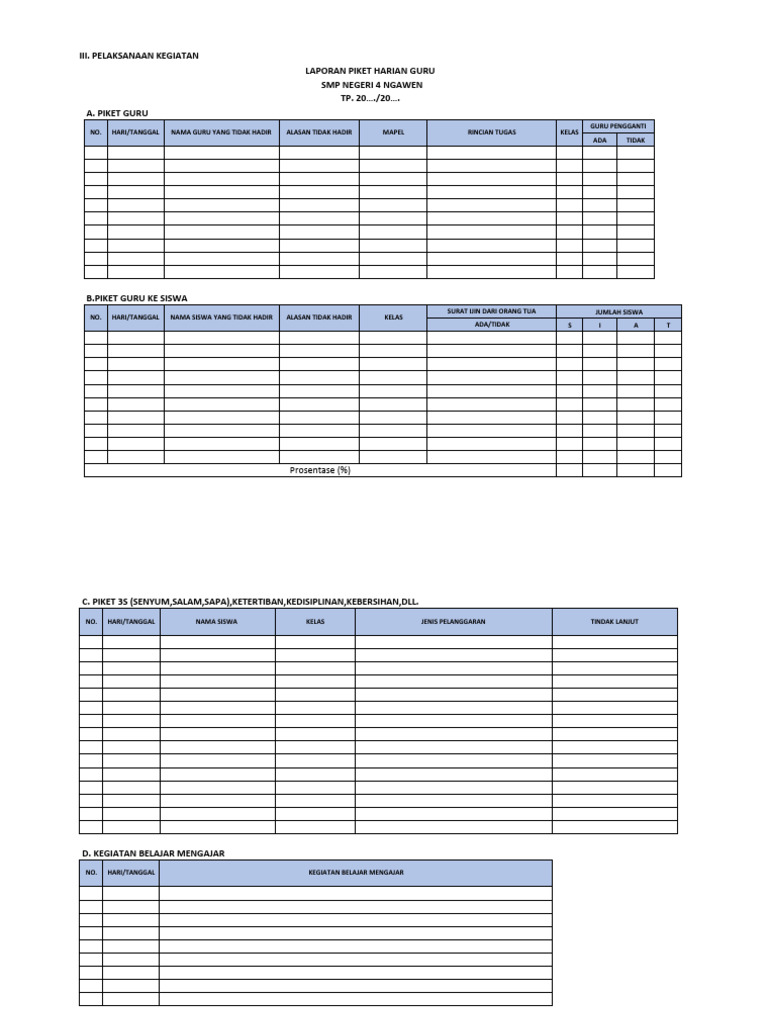 Form Laporan Piket Kelas Dan Wali Kelas | PDF