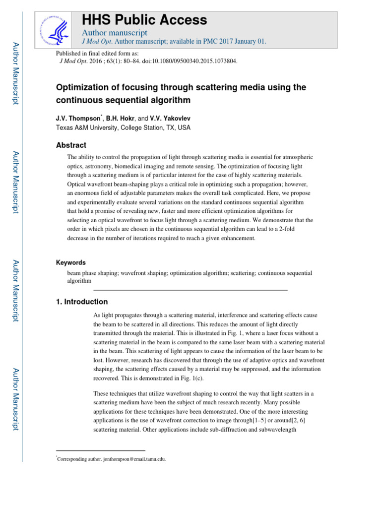 Optimization of Focusing Through Scattering Media Using The Continuous Sequential Algorithm ...