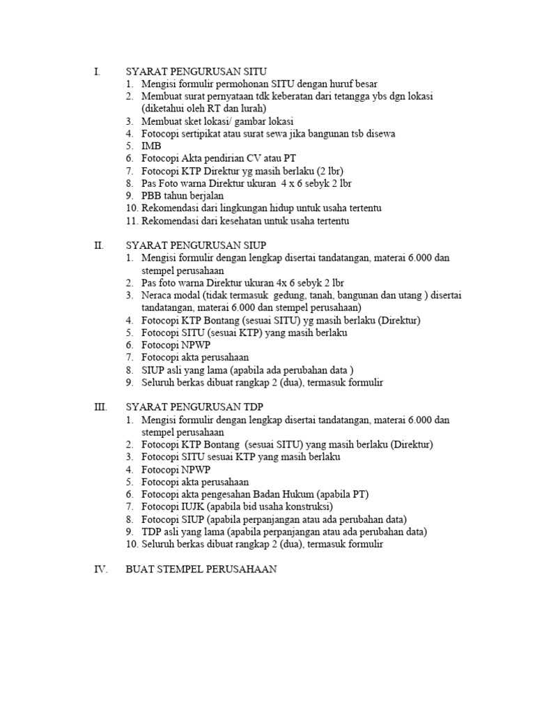 Syarat Pengurusan SIUP, SITU, dan TDP | PDF