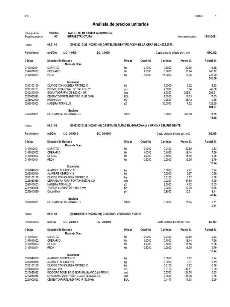 Analisis Precios Unitarios | PDF | Material compuesto | Hormigón