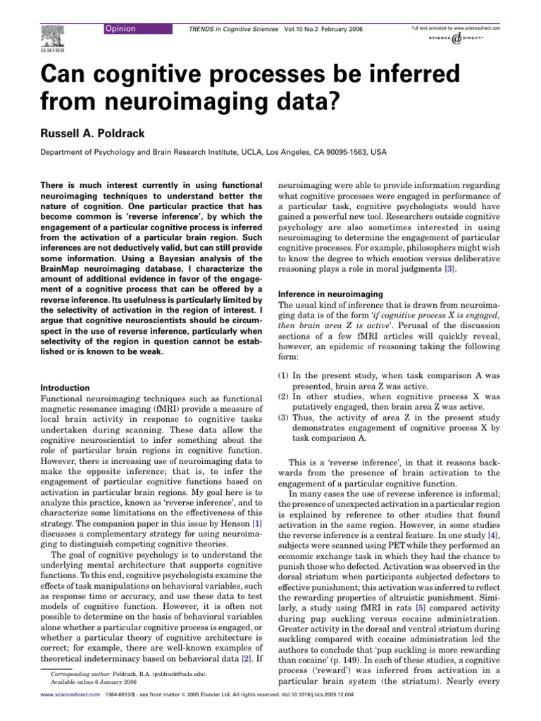 Poldrack - Can Cognitive Processes Be Inferred From Neuroimaging Data | PDF | Functional ...