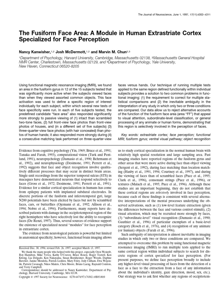 Kanwisher_The Fusiform Face Area | PDF | Perception | Functional Magnetic Resonance Imaging