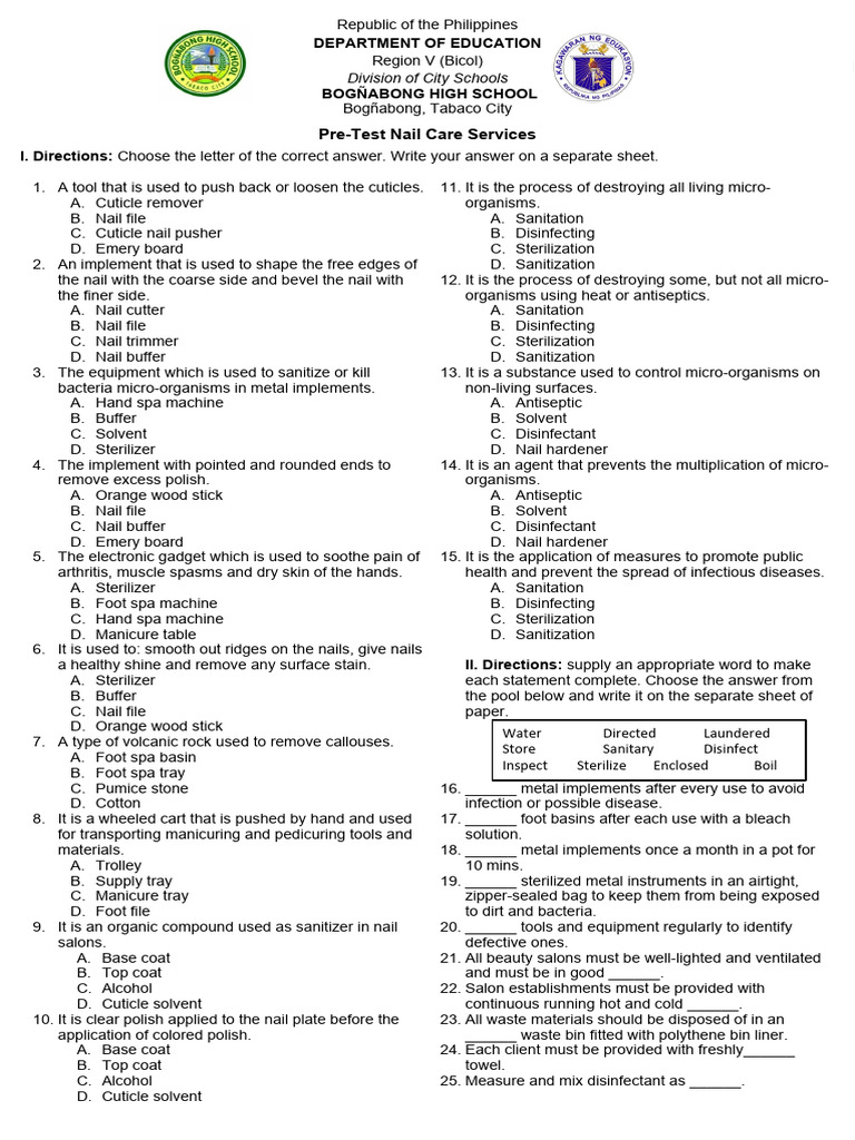 Tle Pretest | PDF | Disinfectant | Nail (Anatomy)