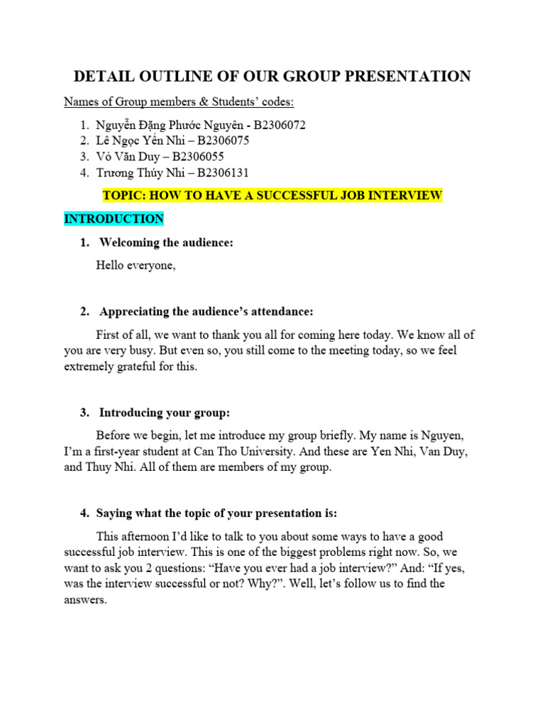 Detail Outline of Our Group Presentation | PDF | Job Interview | Body ...