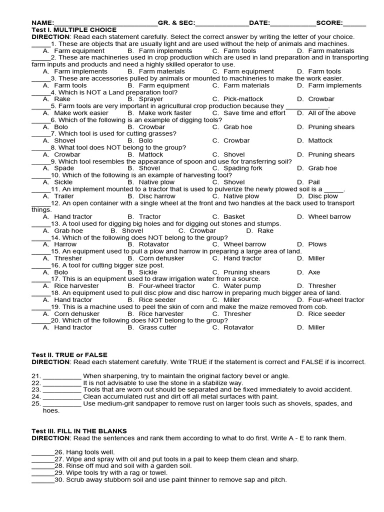 Grade 7 TLE Tool Identification Test | PDF | Agricultural Machinery ...