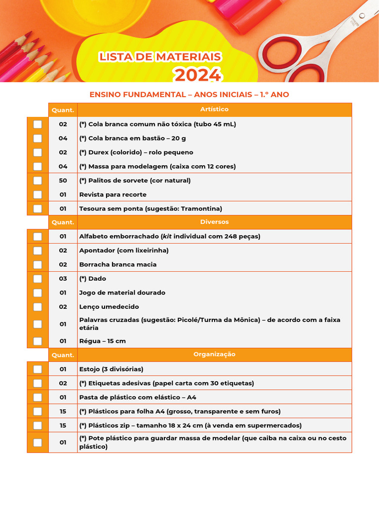 Lista de Material Escolar - Anos Iniciais - 1o Ano - Regular | PDF ...