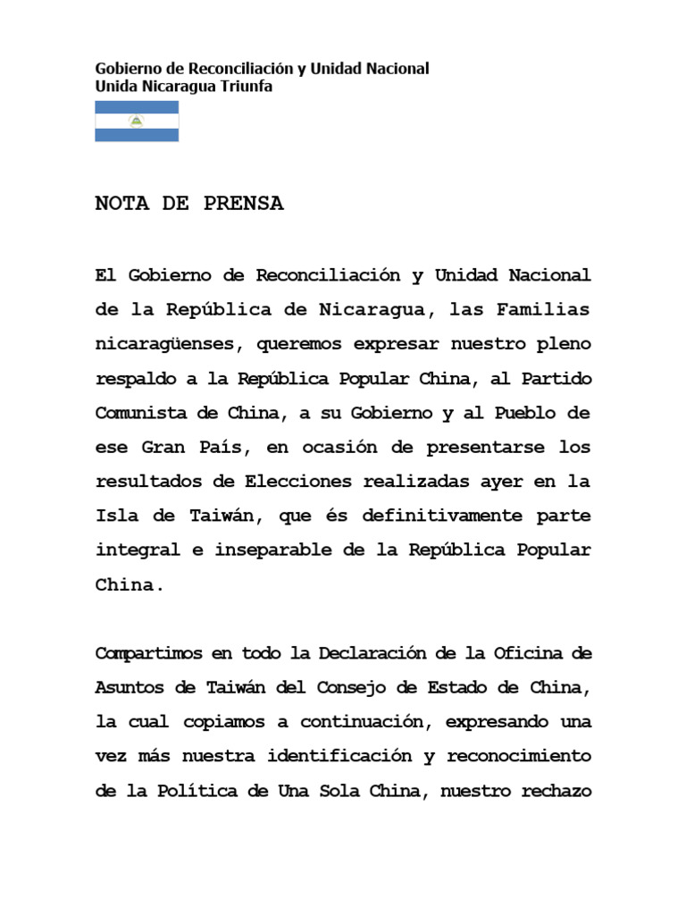 Nota de Prensa Grun - Respaldo A La RP China - 13 Ene 2024 | PDF ...
