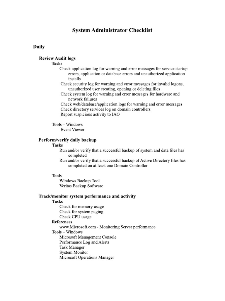Daily Sysadmin Checklist | PDF