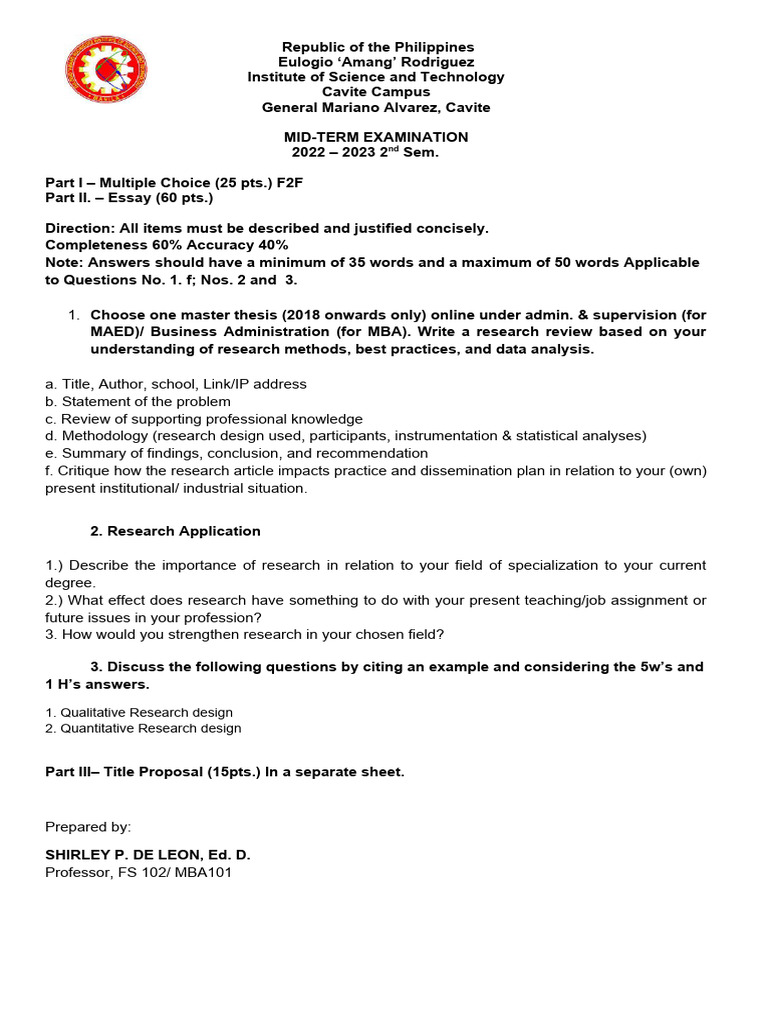 2023 2nd Sem FS 102 MAEdMBA 101 Midterm Exam | PDF