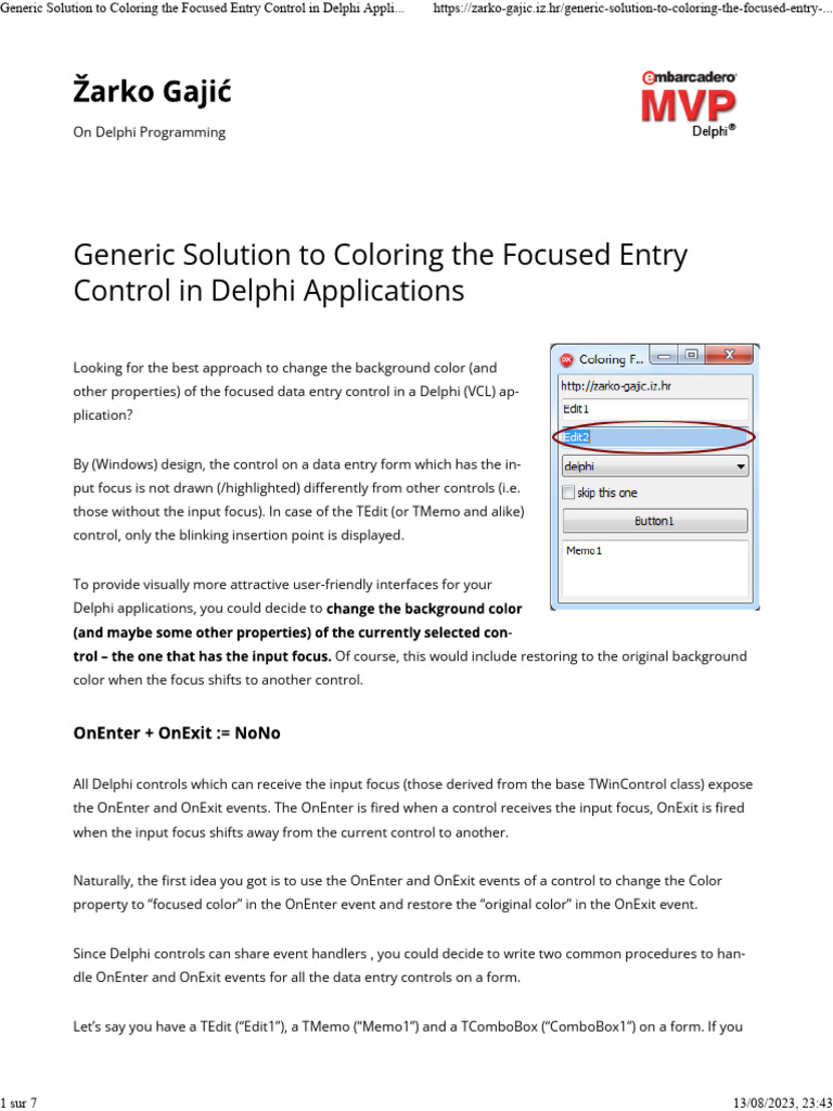 Generic Solution To Coloring The Focused Entry Control in Delphi Applications Žarko Gajić | PDF ...