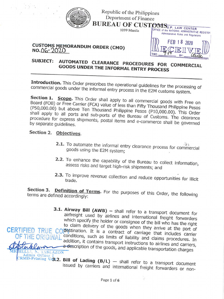 Cmo-06-2020-Automated Clearance Procedures For Commercial Goods Under ...