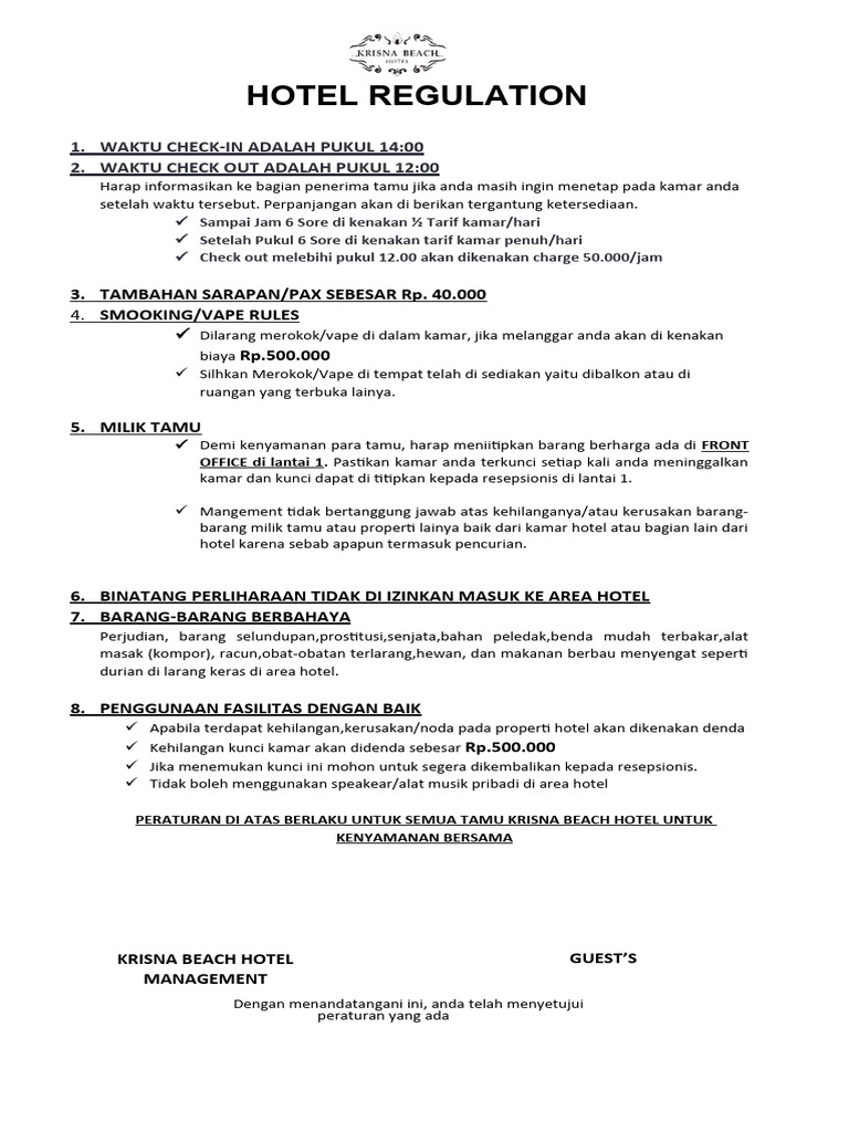 Hotel Regulation Krisna | PDF