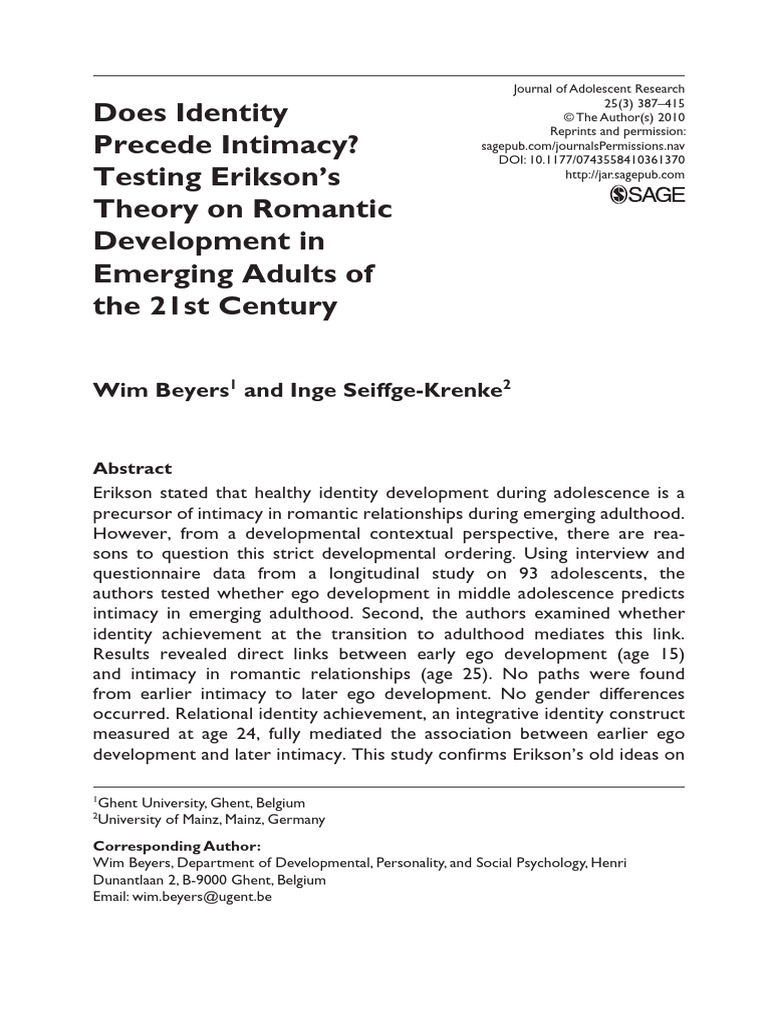 Does Identity Precede Intimacy? Testing Erikson's Theory On Romantic ...