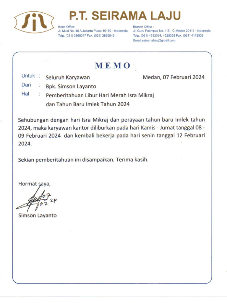 Memo Cuti Bersama | PDF