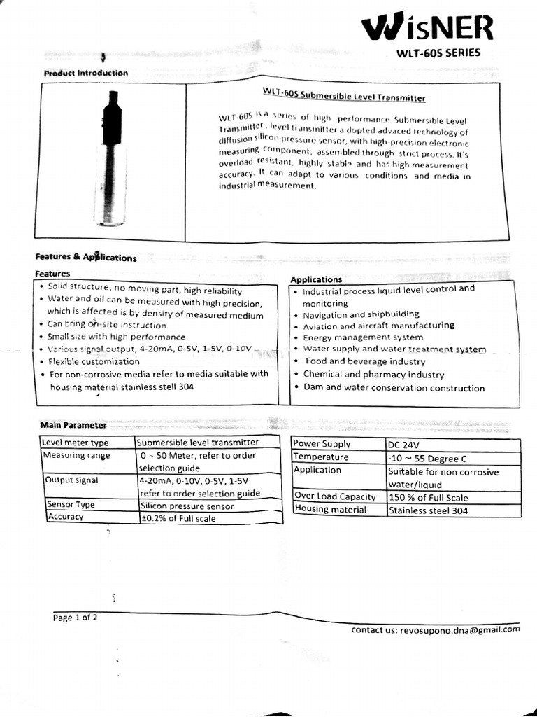 Datasheet Wisner WLT-60S Submersive Level Transmitter | PDF