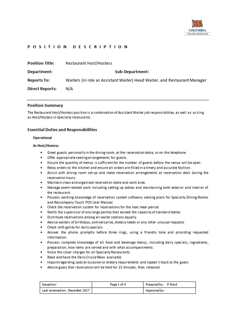 Restaurant Hostess | PDF | Waiting Staff | Restaurants
