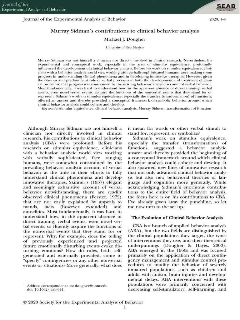 Murray Sidman's Contributions To Clinical Behavior Analysis | PDF ...