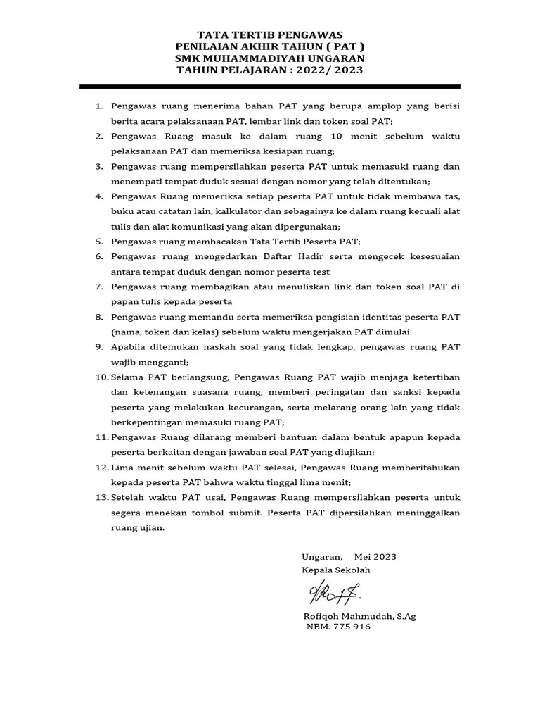 Tata Tertib Pengawas PAT SMK | PDF