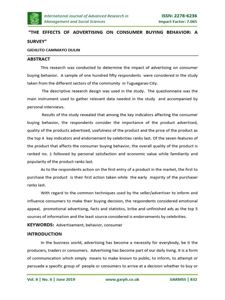 Survey": "The Effects of Advertising On Consumer Buying Behavior: A ...