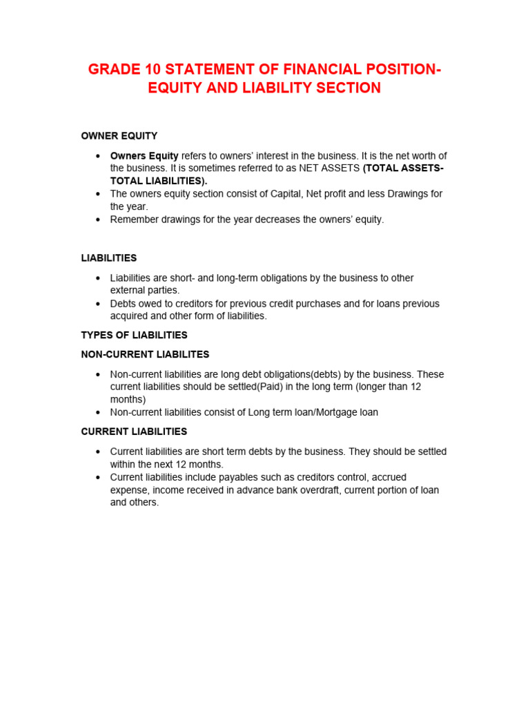 Grade 10 Financial Position: Equity & Liabilities | PDF | Debits And ...