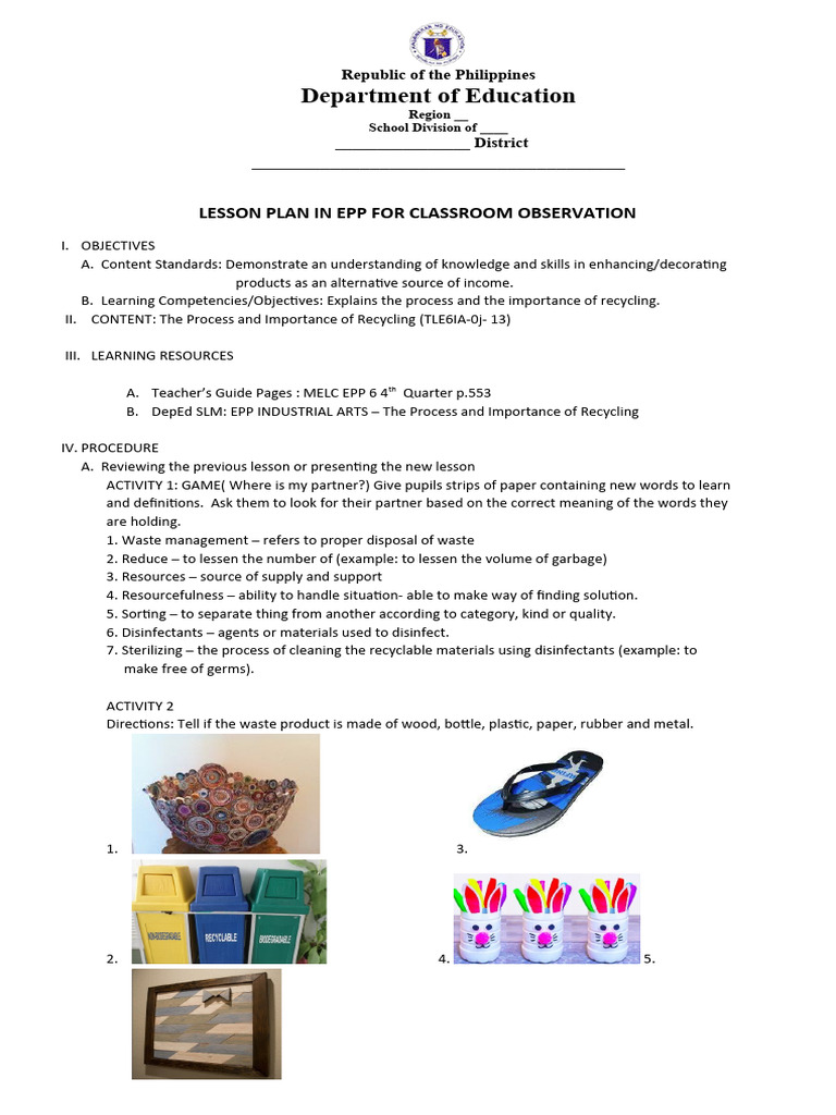Lesson Plan in Epp For Classroom Observation | PDF | Recycling | Waste