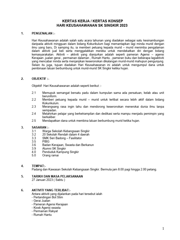 Kertas - Kerja - Karnival Hari Keusahawanan Sks 2023 | PDF