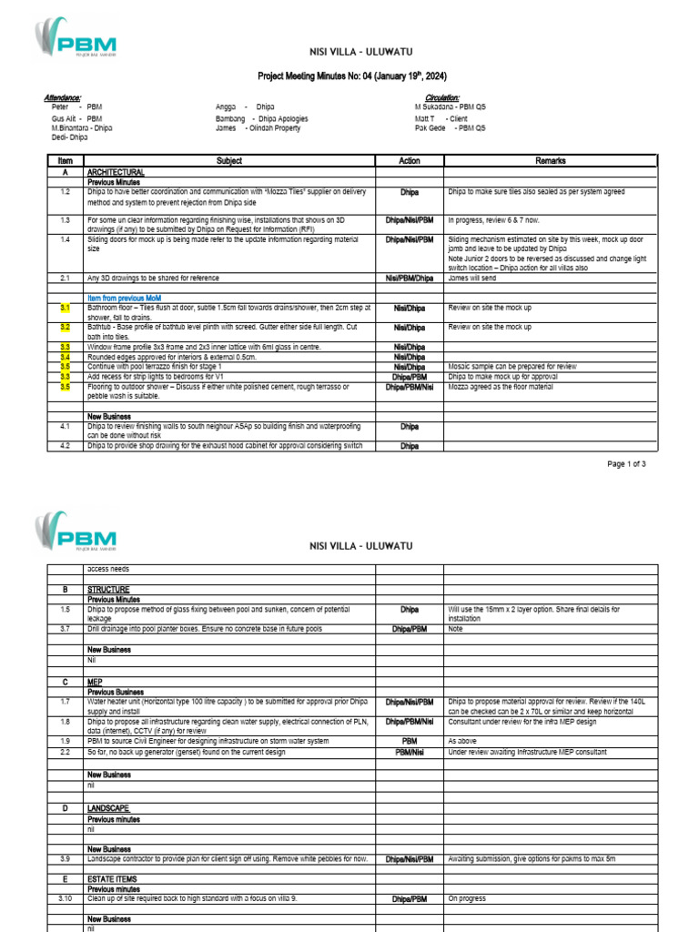 Project Meeting Minutes - Nisi Villa-Uluwatu 04 | PDF | Shower | Civil ...
