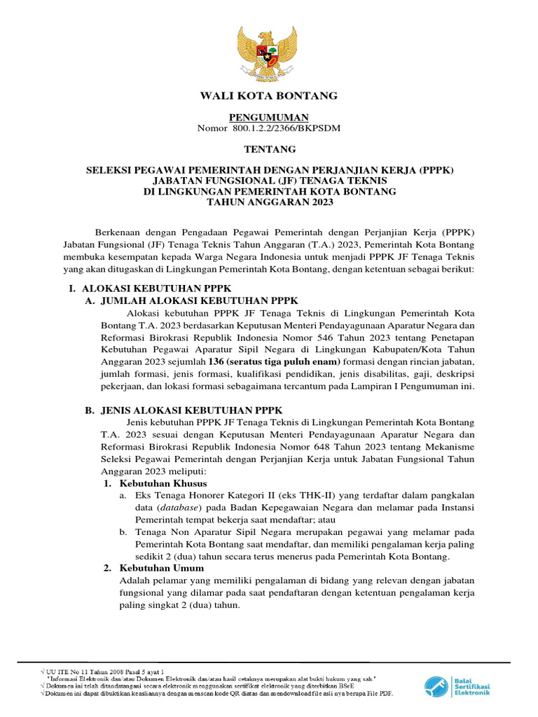 Pengumuman PPPK Teknis 2023.4 - Sign | PDF