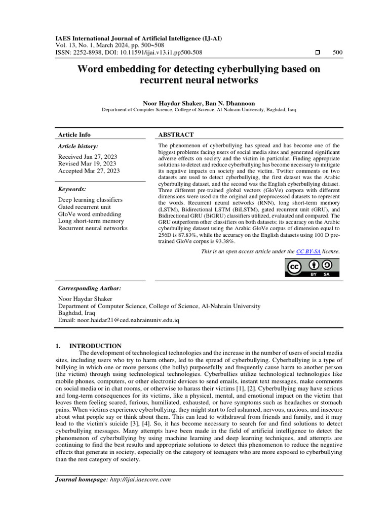 Word Embedding For Detecting Cyberbullying Based On Recurrent Neural Networks | PDF | Deep ...