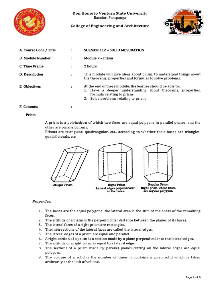 SOLMEN 112 - Module 7-Prism | PDF | Area | Triangle