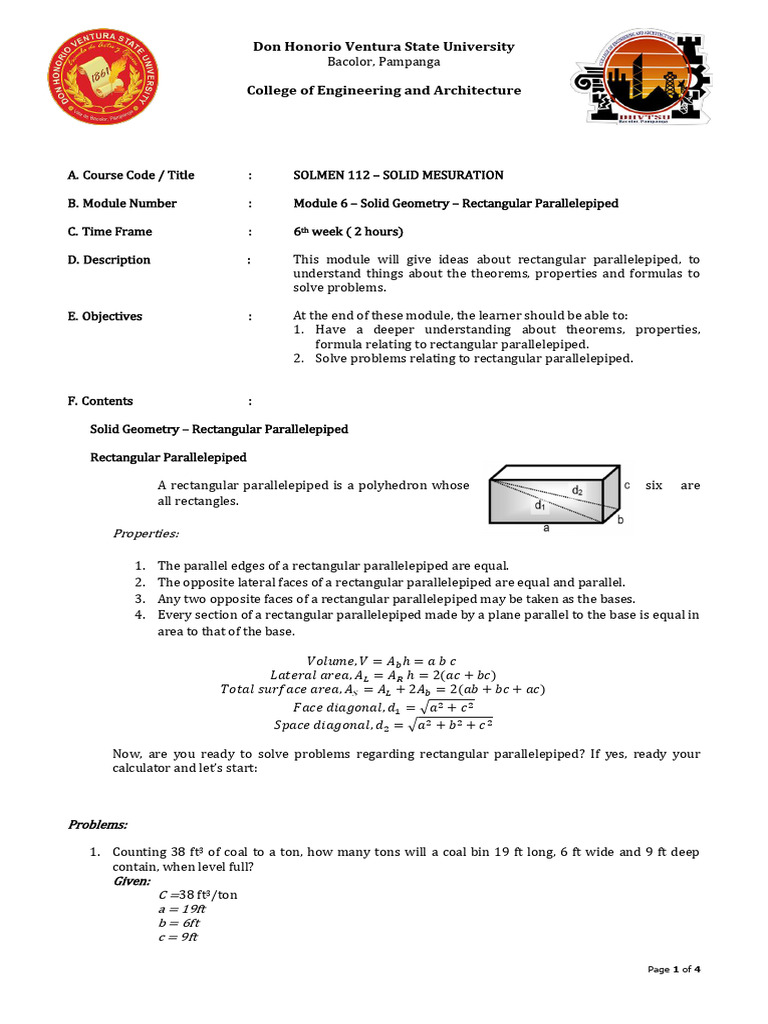 SOLMEN 112 - Module 6-Rectangular Parallelepiped | PDF | Rectangle | Euclid